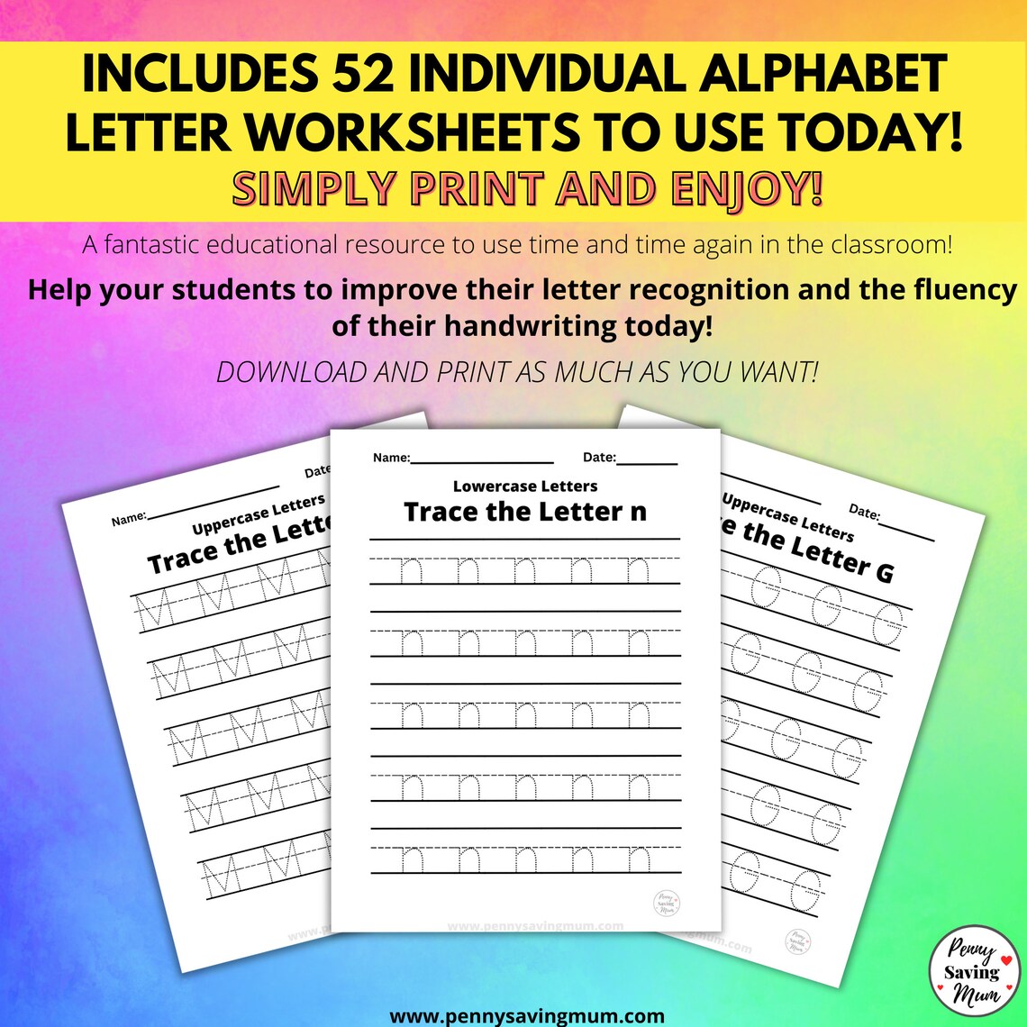 Trace the Alphabet Printable Letter Worksheets, Individual Uppercase ...