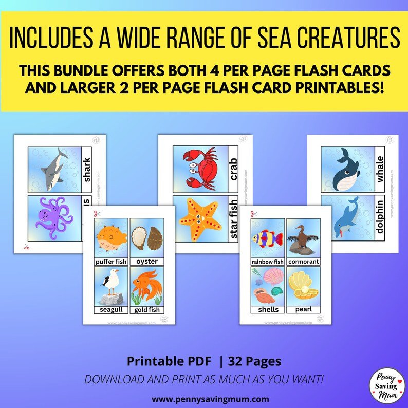 40 Sea Creature Printable Flash Cards, Montessori Toddler Activity ...