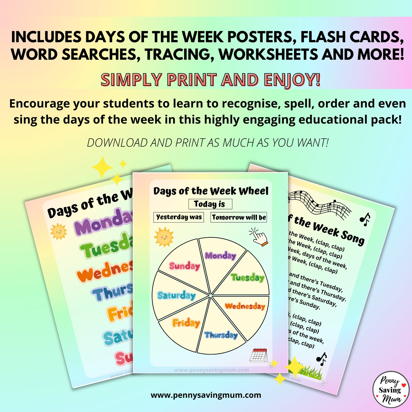Days of the Week Worksheets, Flash Cards, Word Searches, Colouring, No ...