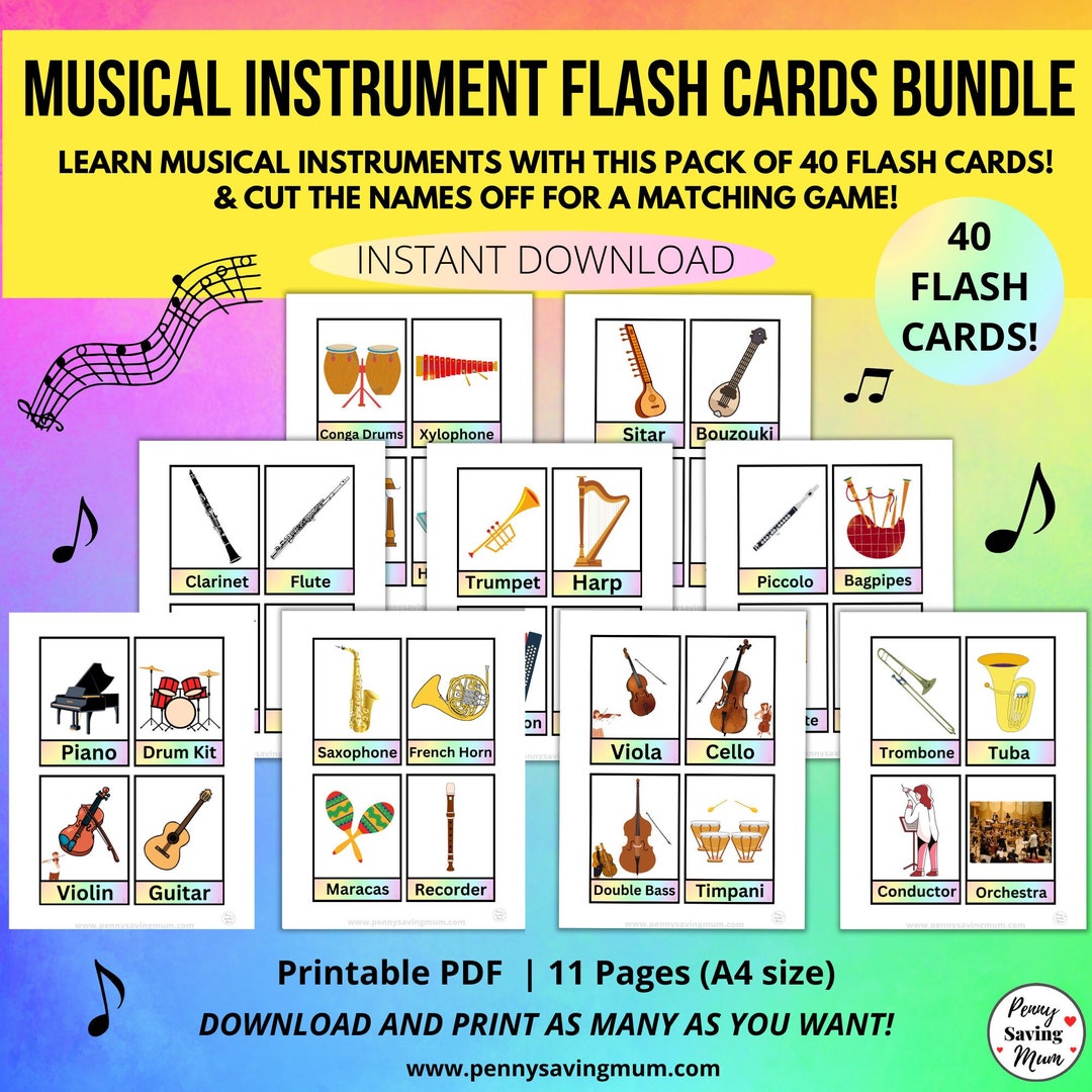 Musical Instruments Flashcards, 40 Music Flash Cards, Music Education ...