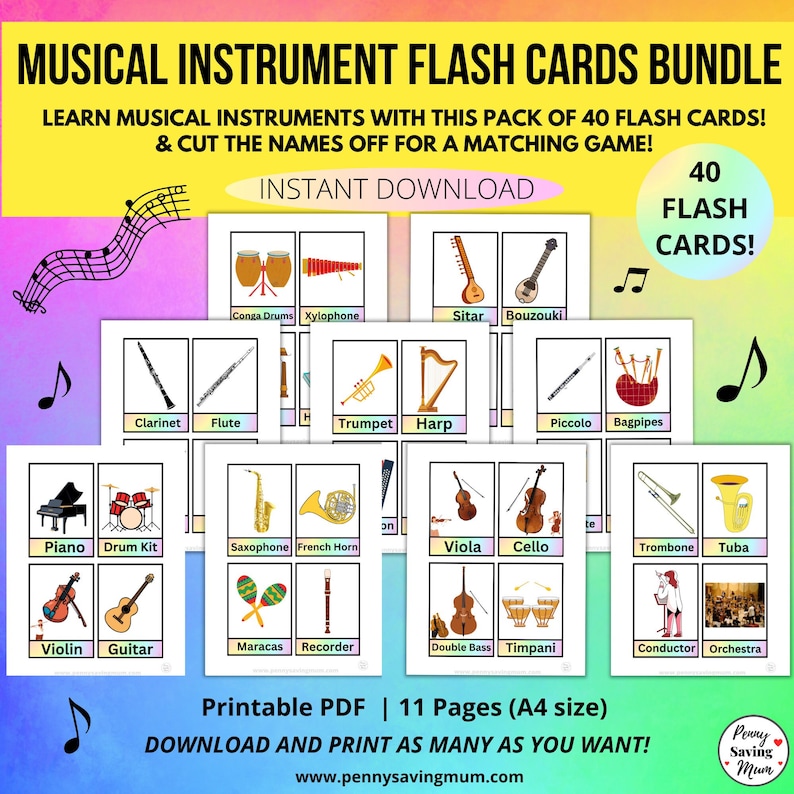 Musical Instruments Flashcards, 40 Music Flash Cards, Music Education ...