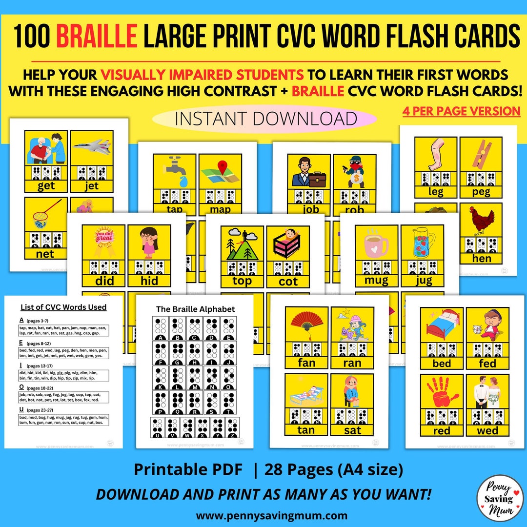 100 Braille Large Print, High Contrast, CVC Word Flash Cards, Vowel ...