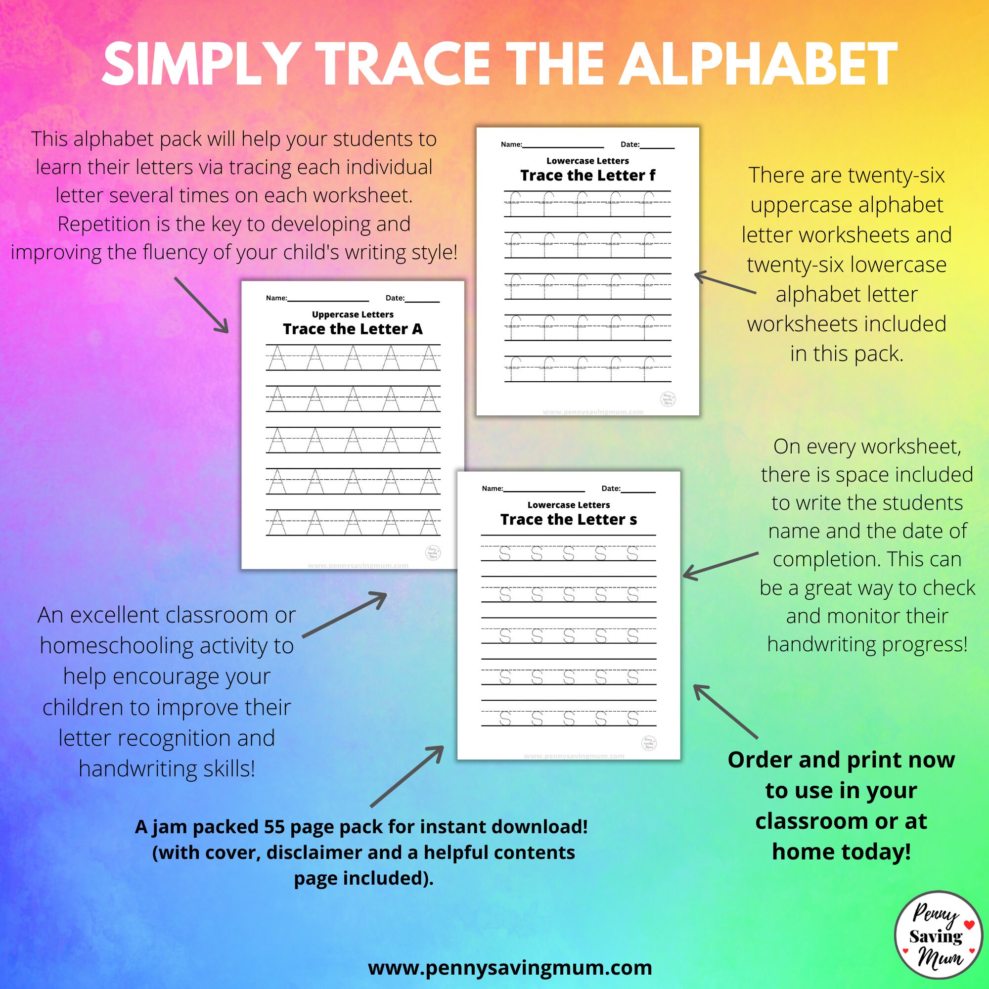 Trace the Alphabet Printable Letter Worksheets, Individual Uppercase ...