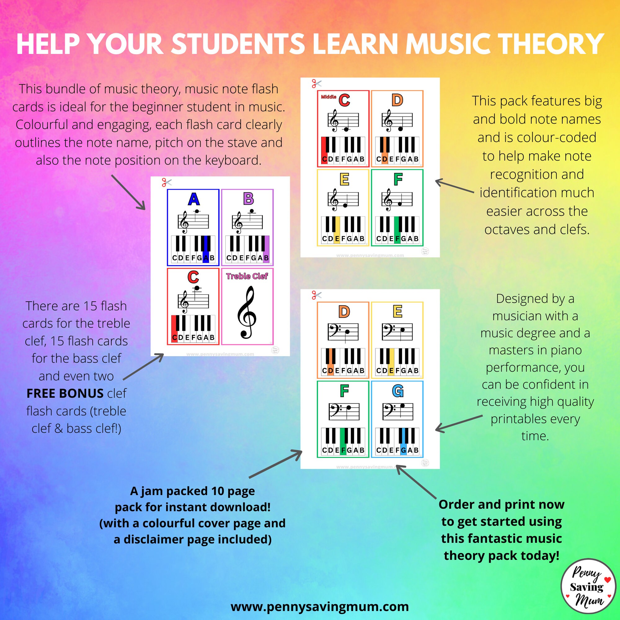Music Theory, Musical Note Flash Cards, Treble Bass Clef, Learn Piano ...