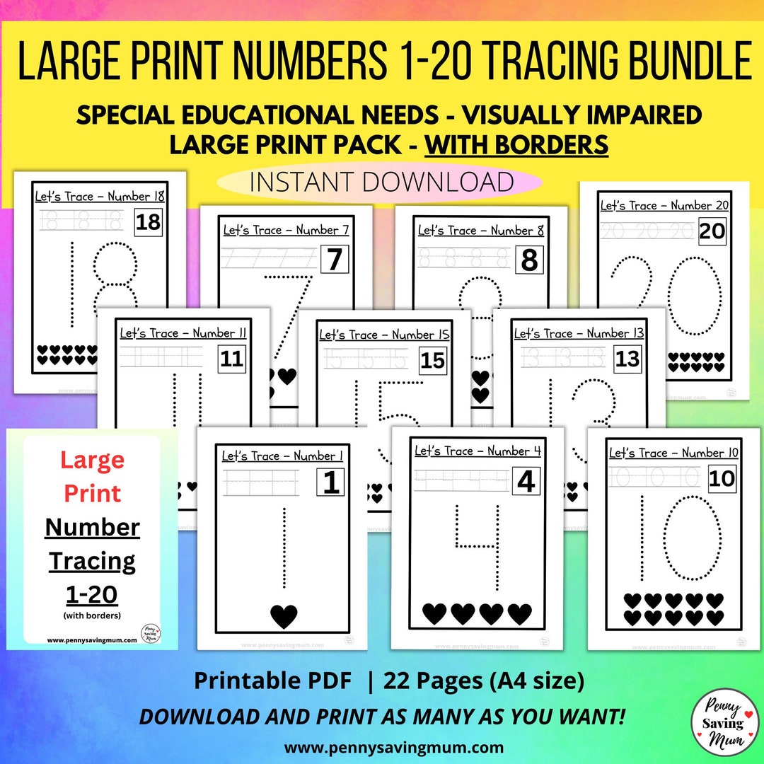 Large Print, Number Tracing, 1-20, Special Educational Needs, Visually ...