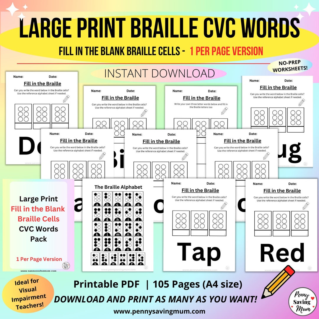 Large Print, Learn Braille, Braille CVC Words, Visual Impairment, Blind ...