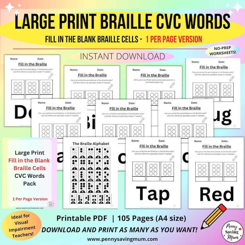 Large Print, Learn Braille, Braille CVC Words, Visual Impairment, Blind ...
