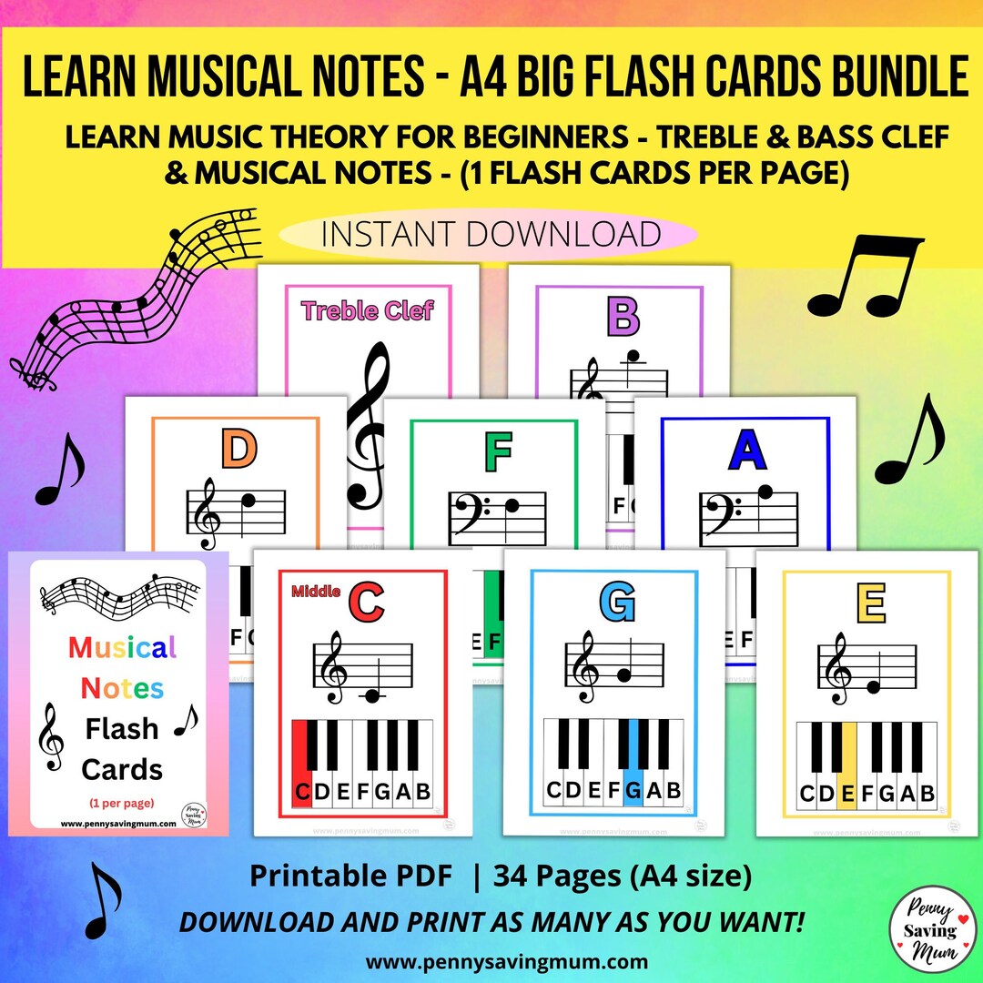 Music Theory, Musical Note Flash Cards, Treble Bass Clef, Learn Piano ...