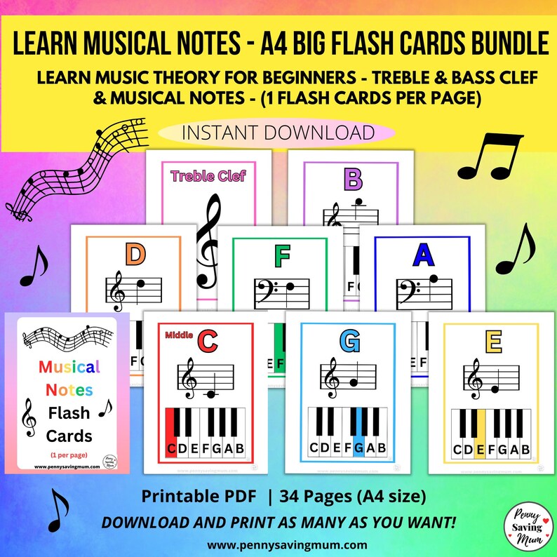 Music Theory, Musical Note Flash Cards, Treble Bass Clef, Learn Piano ...