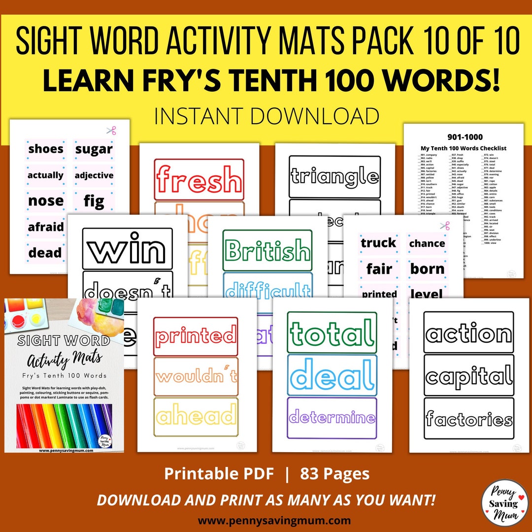Sight Word Activity Mats Fry's Tenth 100 Words Printable - Etsy