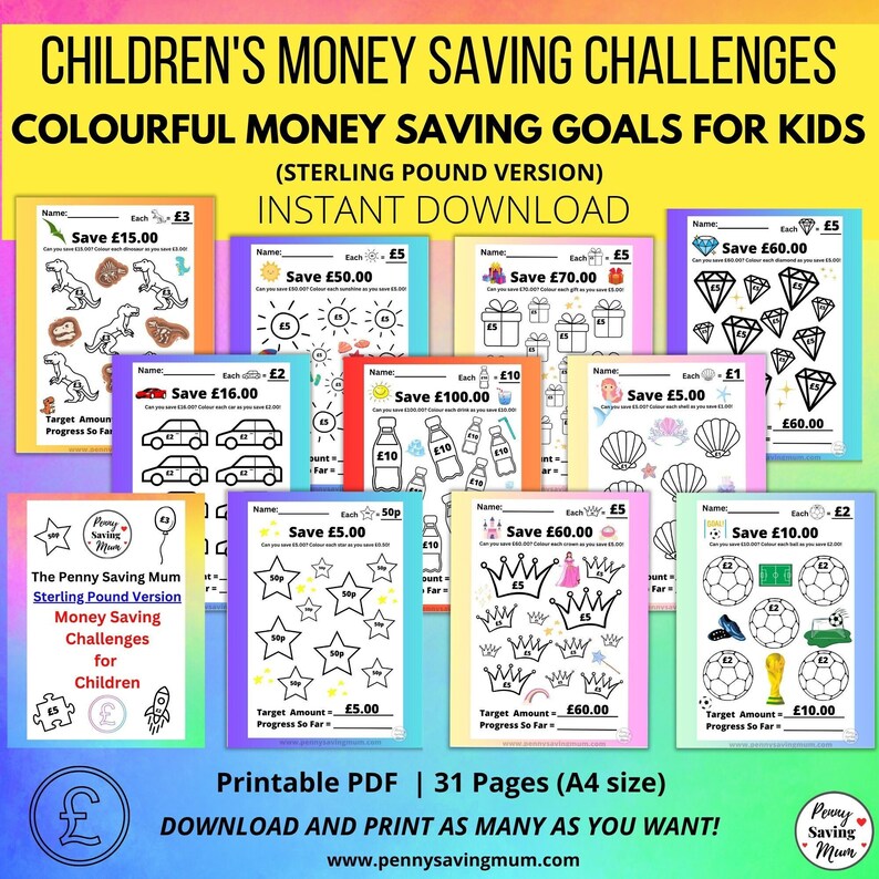 STERLING POUND VERSION: Children's Money Saving Challenges Worksheet ...