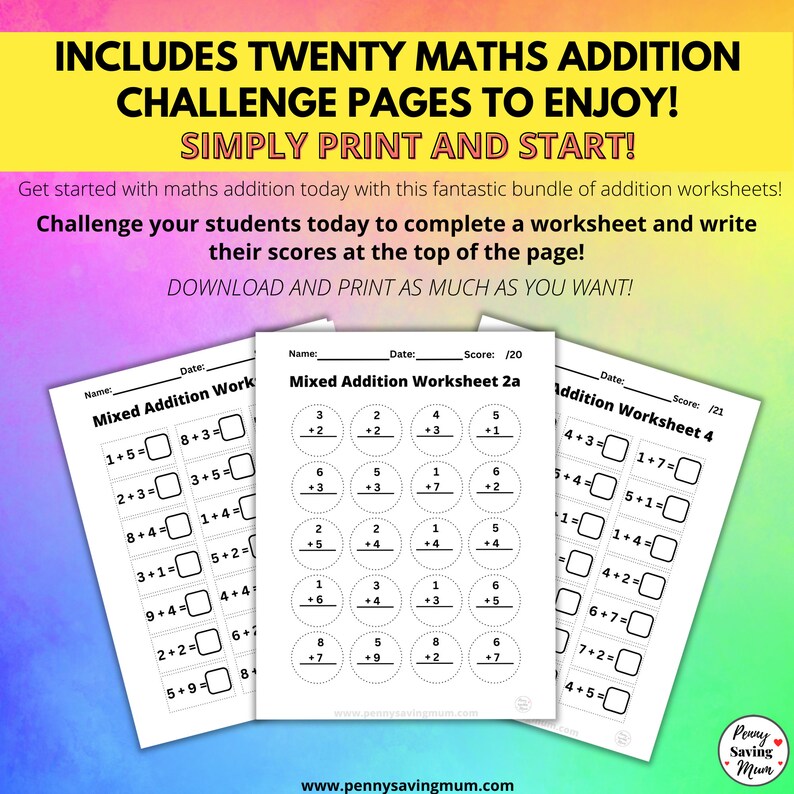 20 Maths Addition Mixed Single Digit Challenge Printable Worksheets ...