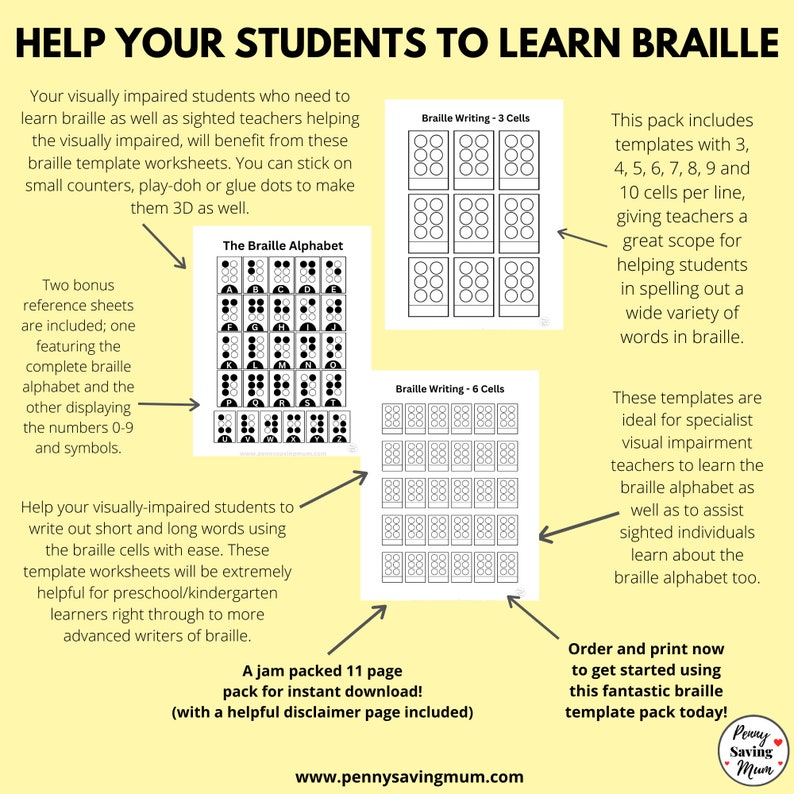 Braille Cell Writing Templates, Learn Braille Alphabet, Numbers ...