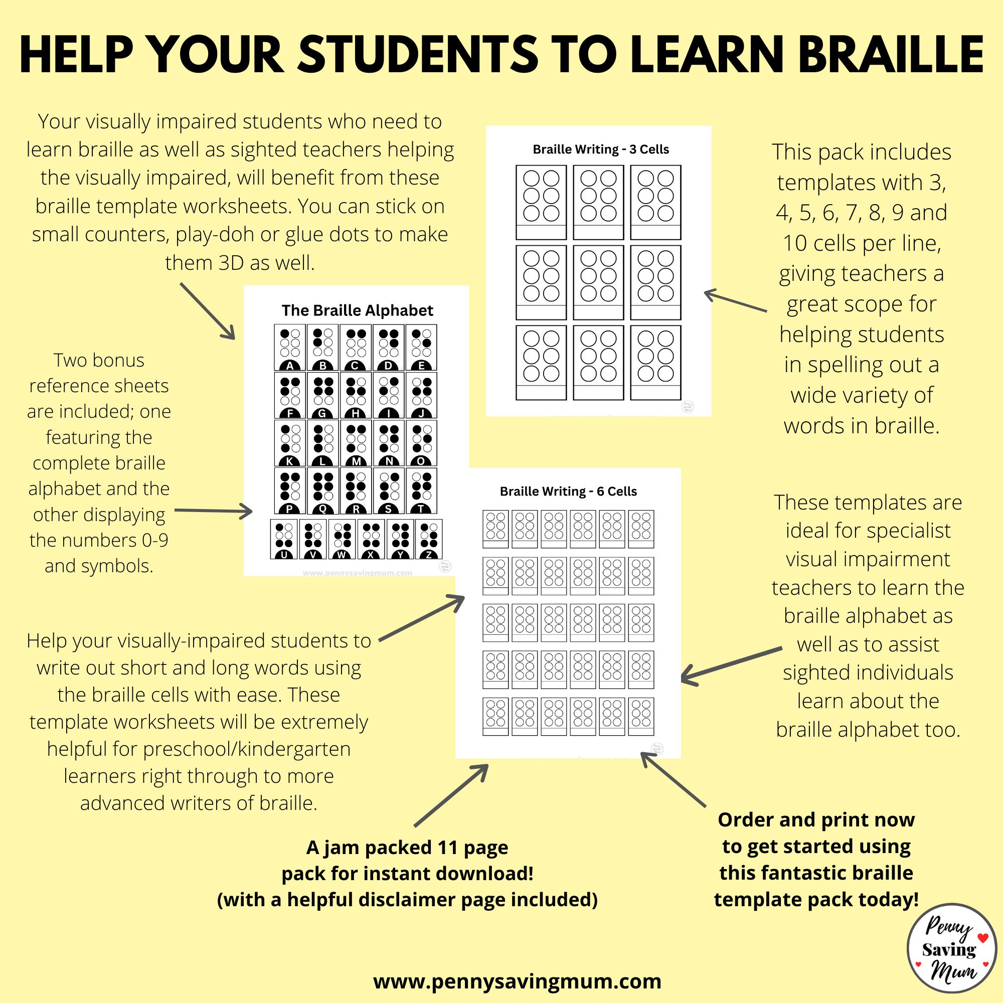 Braille Cell Writing Templates, Learn Braille Alphabet, Numbers ...