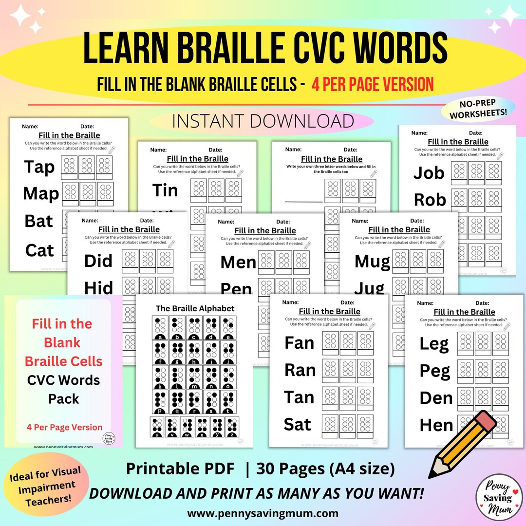 Learn Braille, Braille CVC Words, Large Print, Visual Impairment, Blind ...