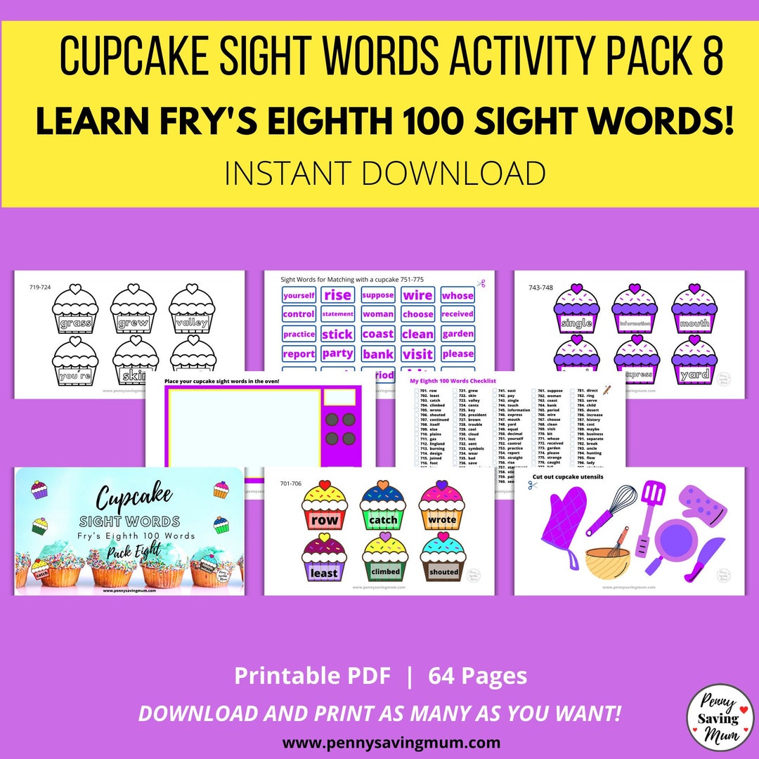 Sight Word Cupcakes Learn Fry's Eighth 100 Words Printable - Etsy