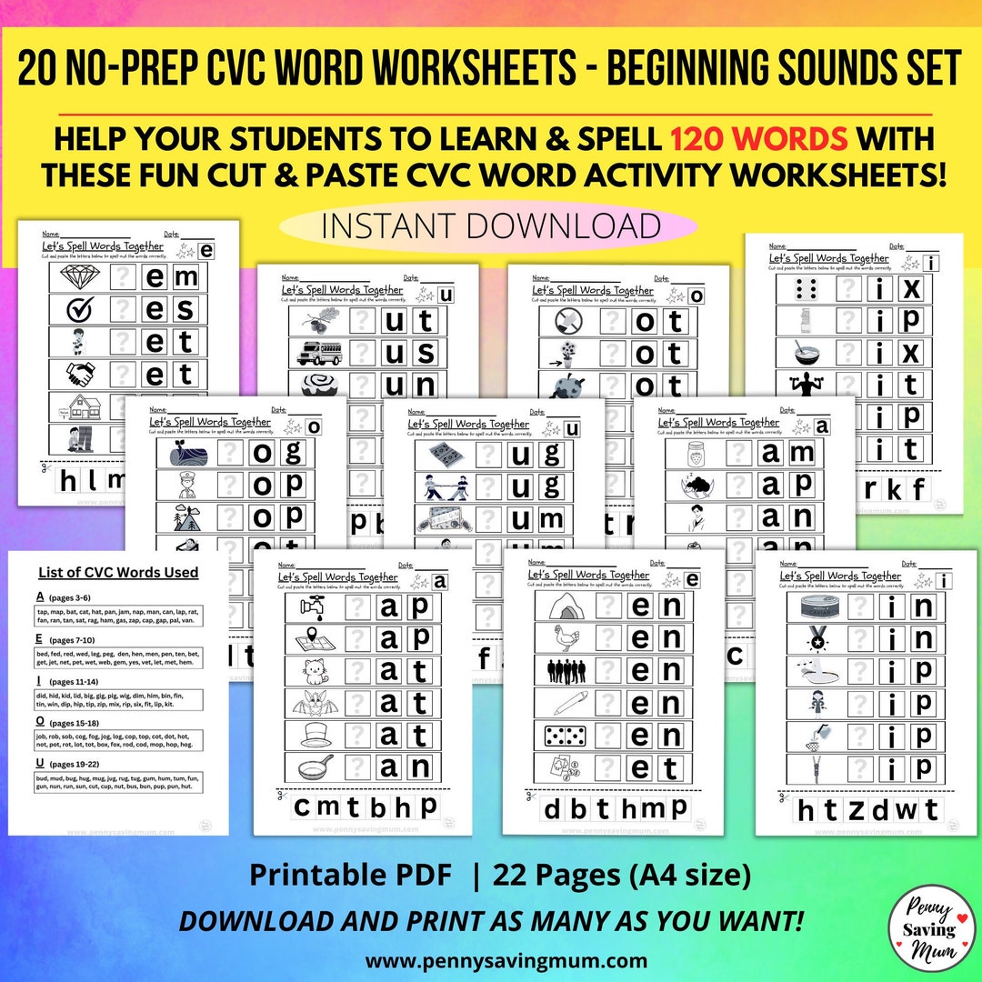 20 No-prep CVC Word, Beginning Sound Worksheets, Vocabulary, Phonics ...