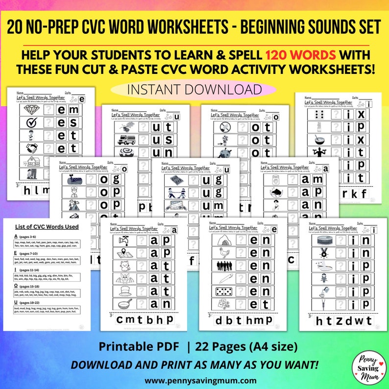 20 No-prep CVC Word, Beginning Sound Worksheets, Vocabulary, Phonics ...