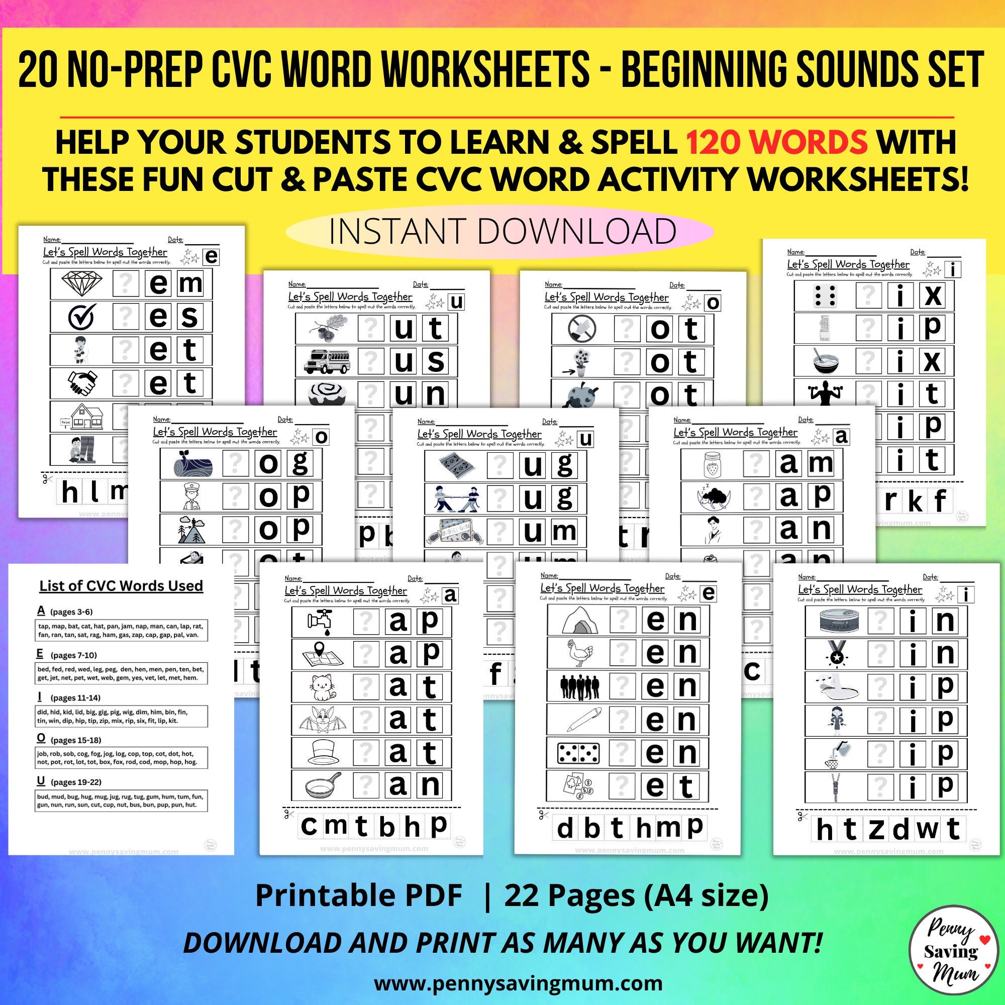 20 No-prep CVC Word, Beginning Sound Worksheets, Vocabulary, Phonics ...
