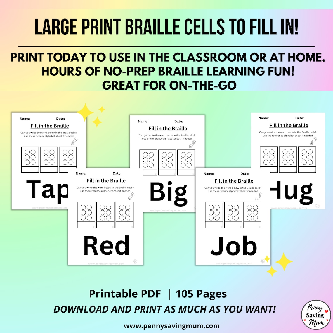 Large Print, Learn Braille, Braille CVC Words, Visual Impairment, Blind ...