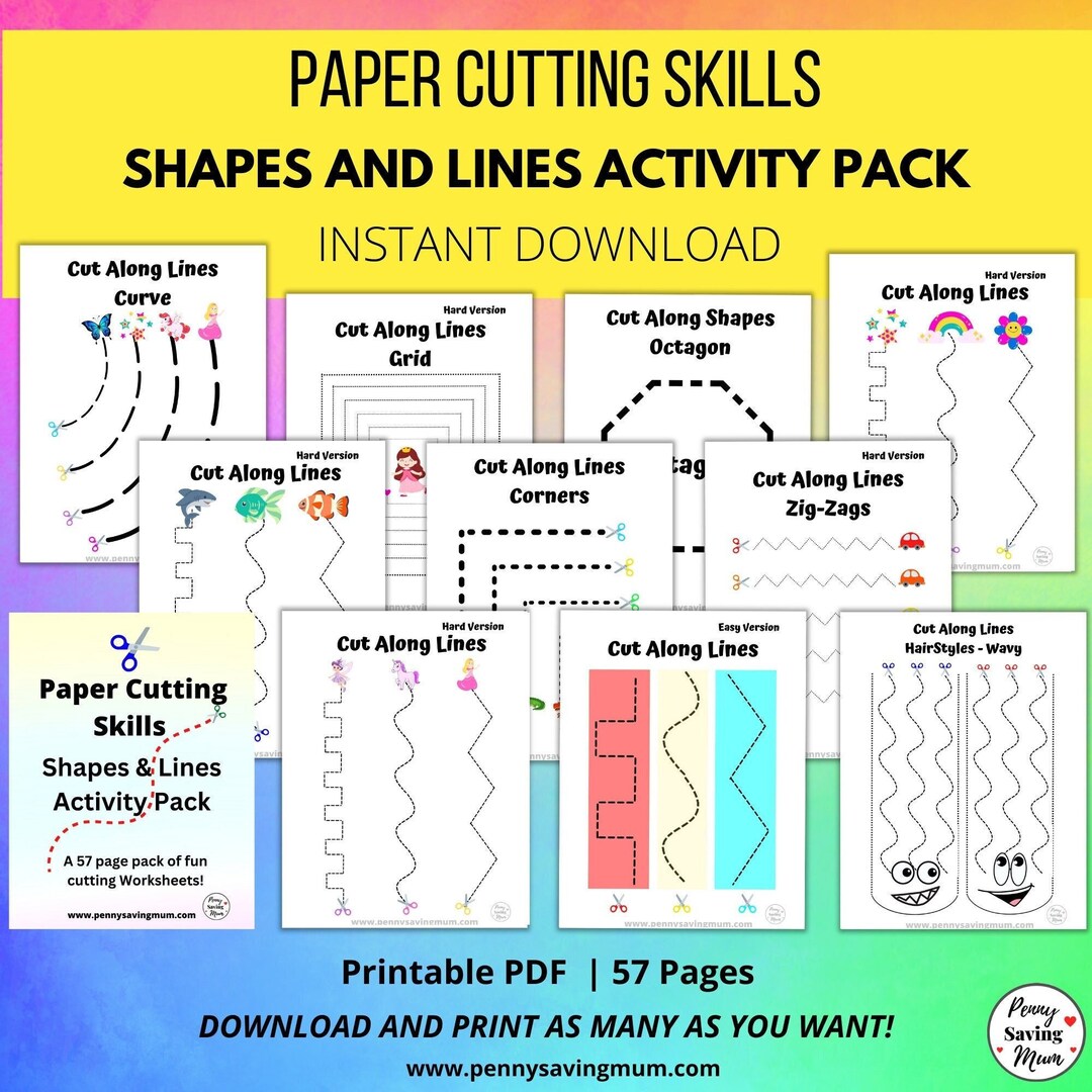 Scissor Paper Cutting Skills Shapes and Lines Worksheet Activity Pack ...