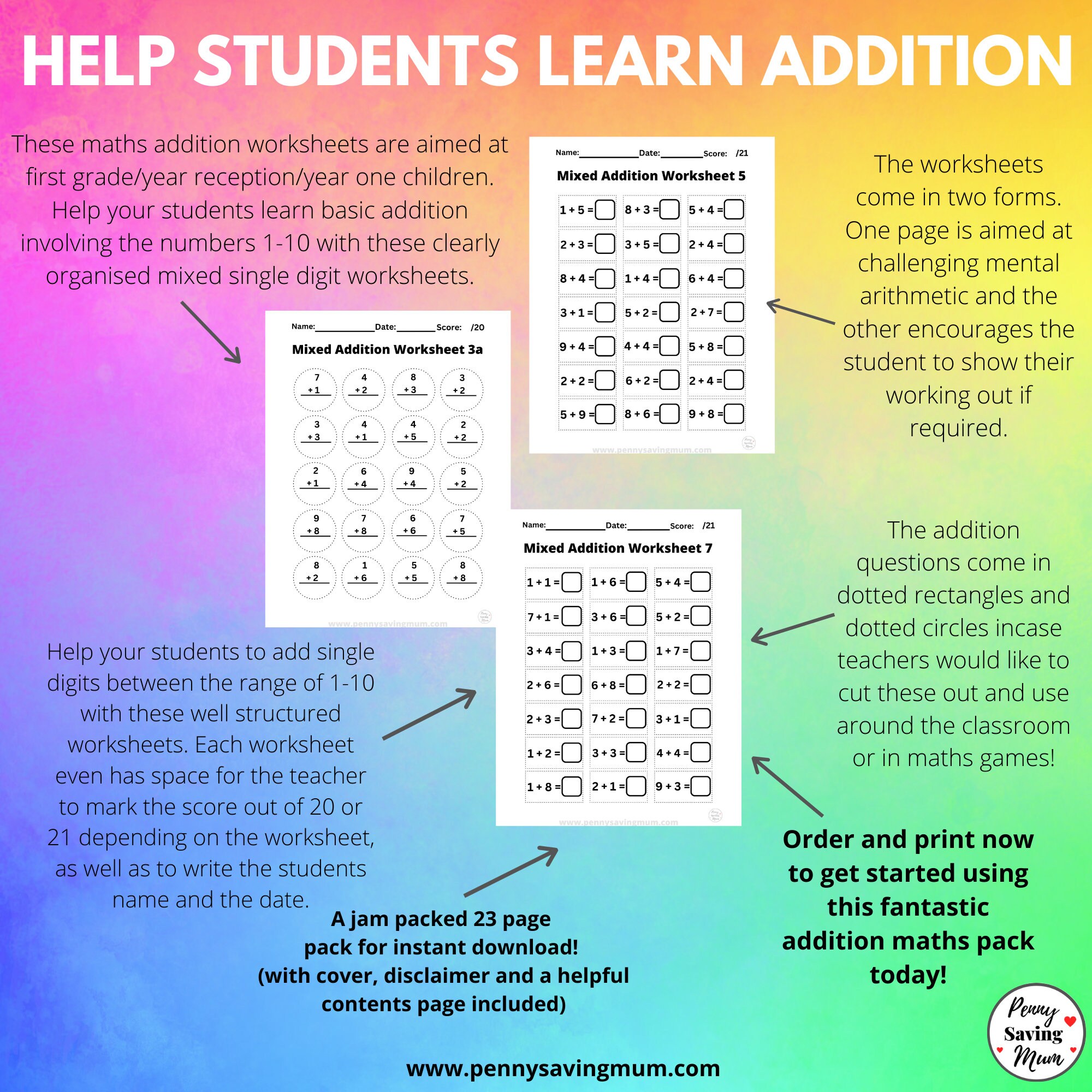 20 Maths Addition Mixed Single Digit Challenge Printable Worksheets ...