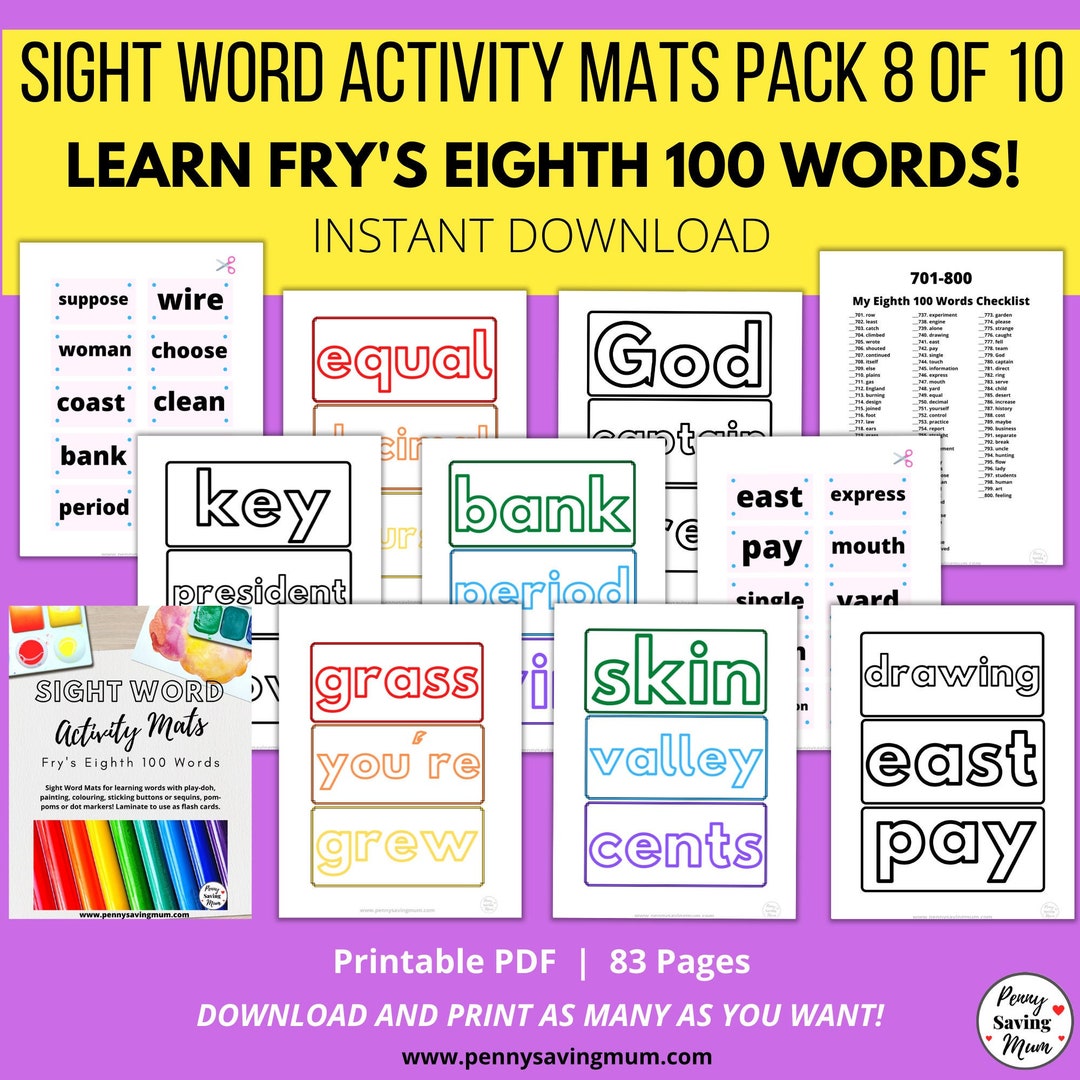 Sight Word Activity Mats Fry's Eighth 100 Words Printable - Etsy