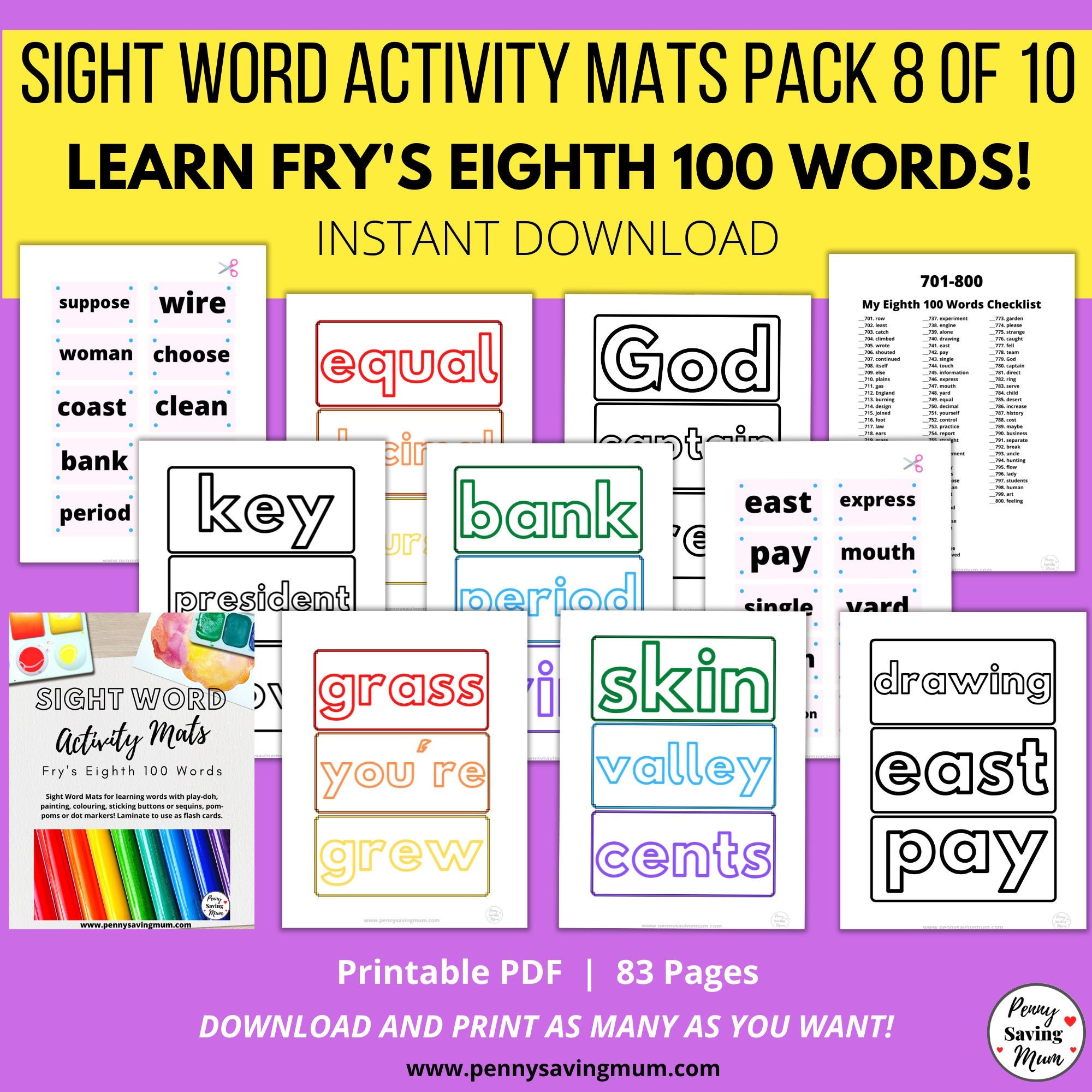 Sight Word Activity Mats Fry's Eighth 100 Words Printable - Etsy
