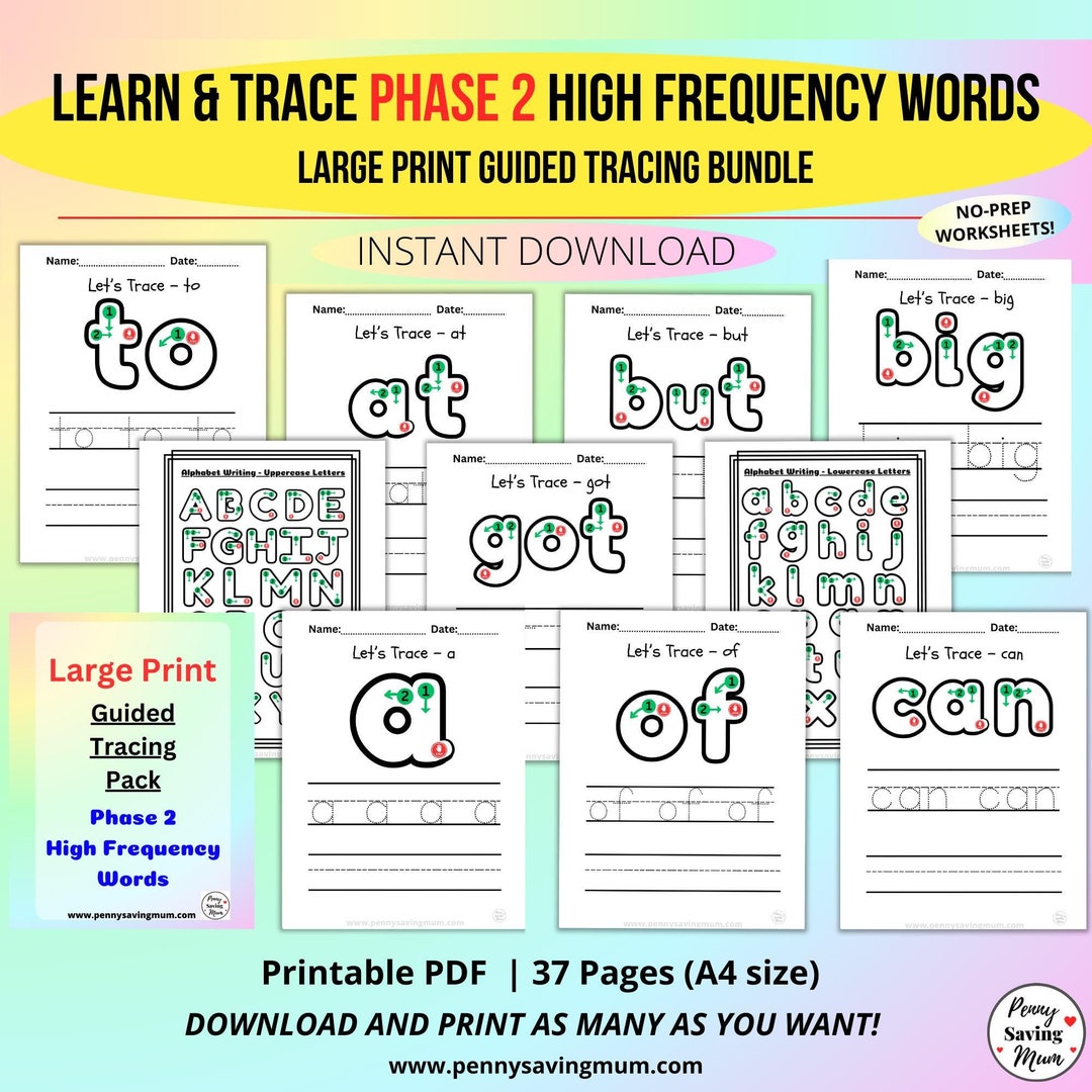 Large Print Phase 2 High Frequency Words, Guided Tracing Activity ...