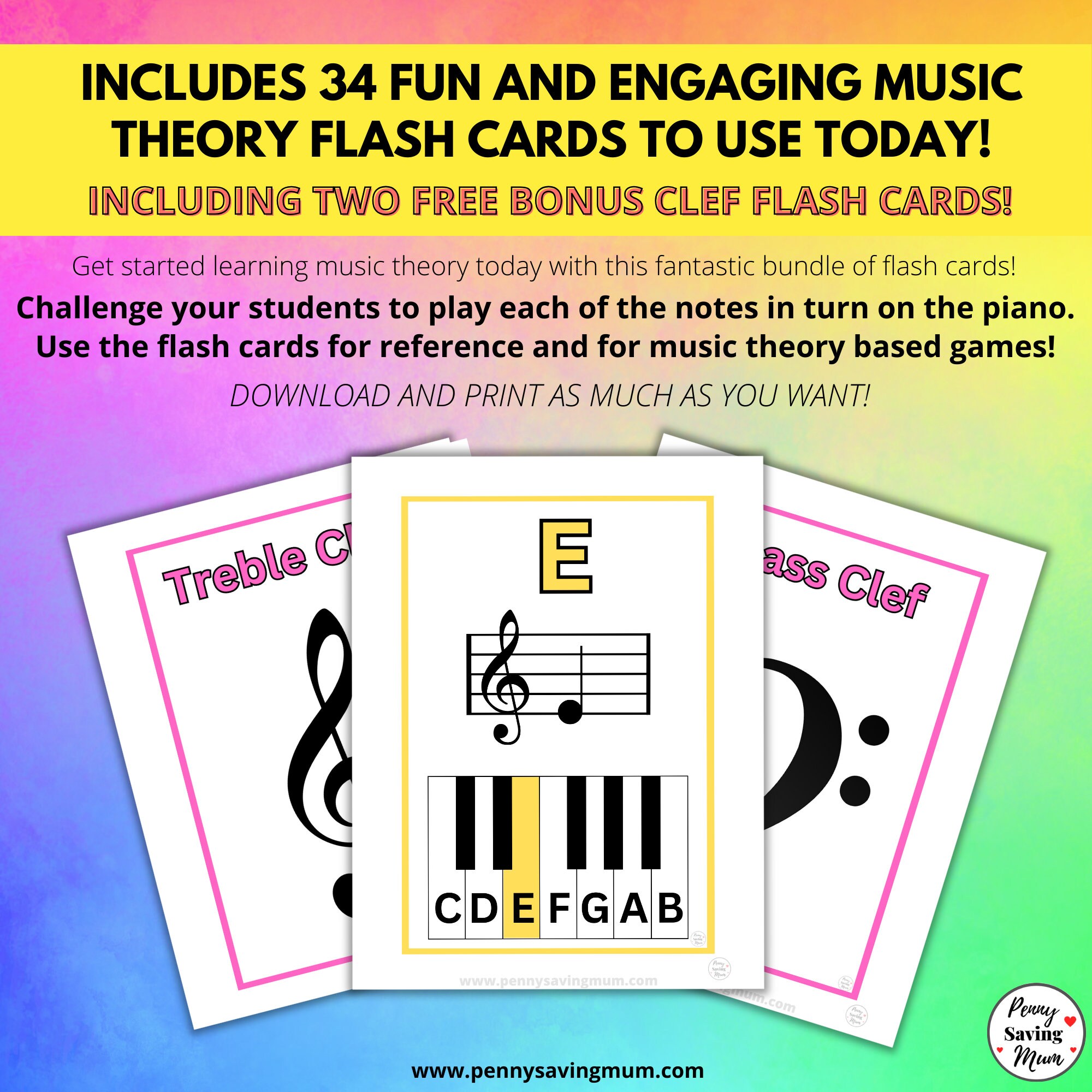 Music Theory, Musical Note Flash Cards, Treble Bass Clef, Learn Piano ...