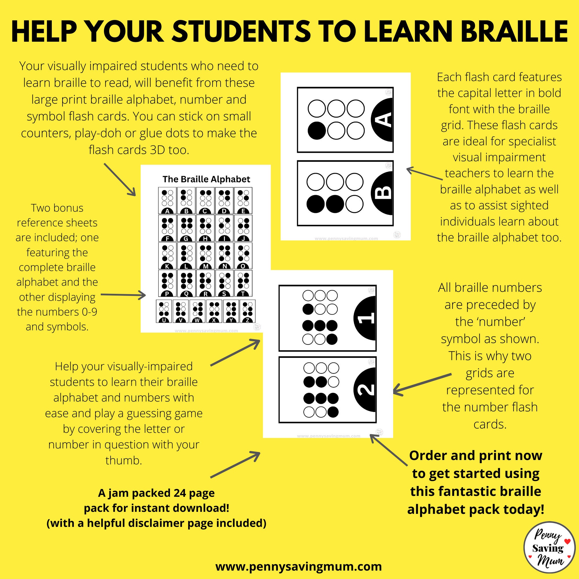 Braille Alphabet Flash Cards, Learn Braille Numbers, Special ...