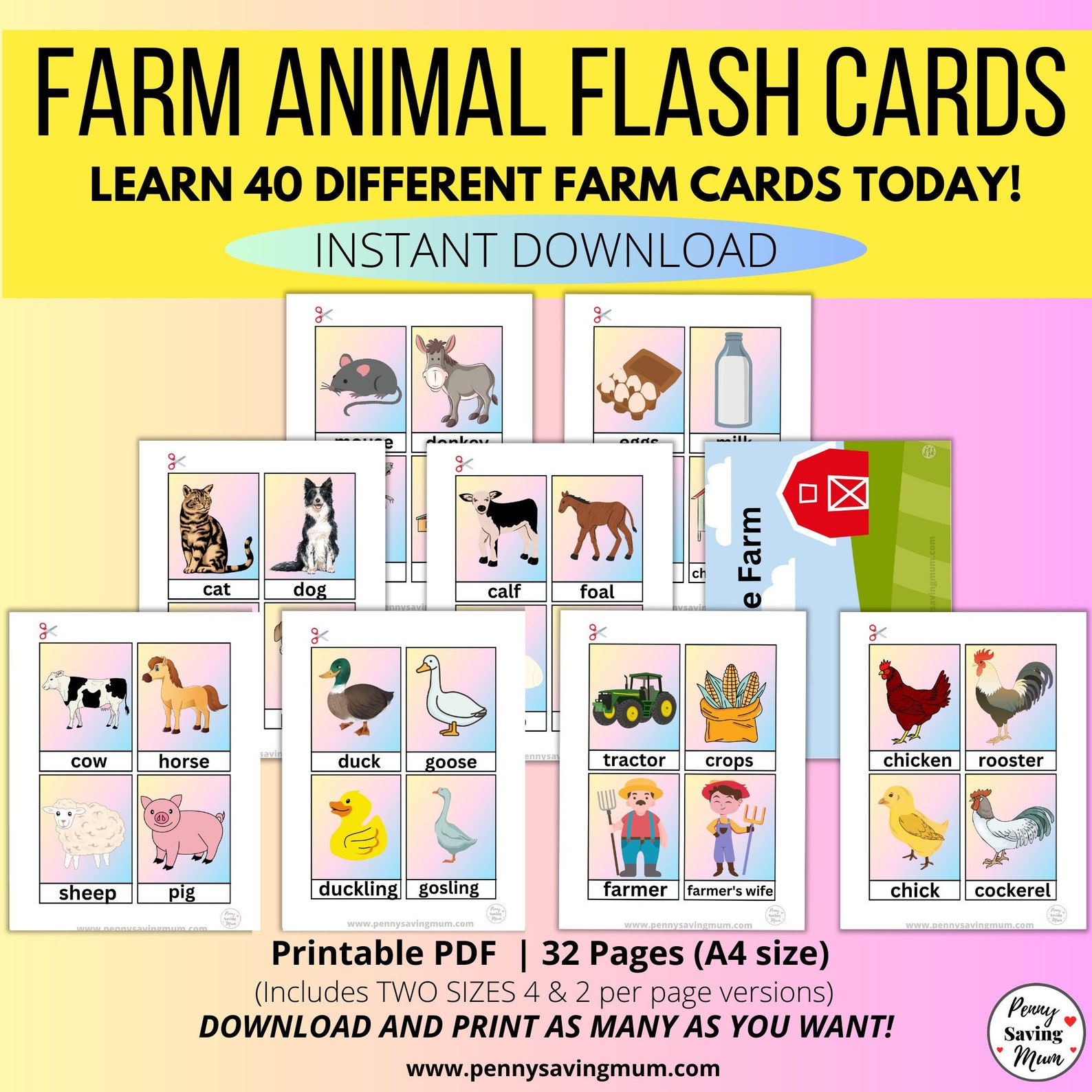 40 Farm Animal Printable Flash Cards, Montessori Toddler Activity ...