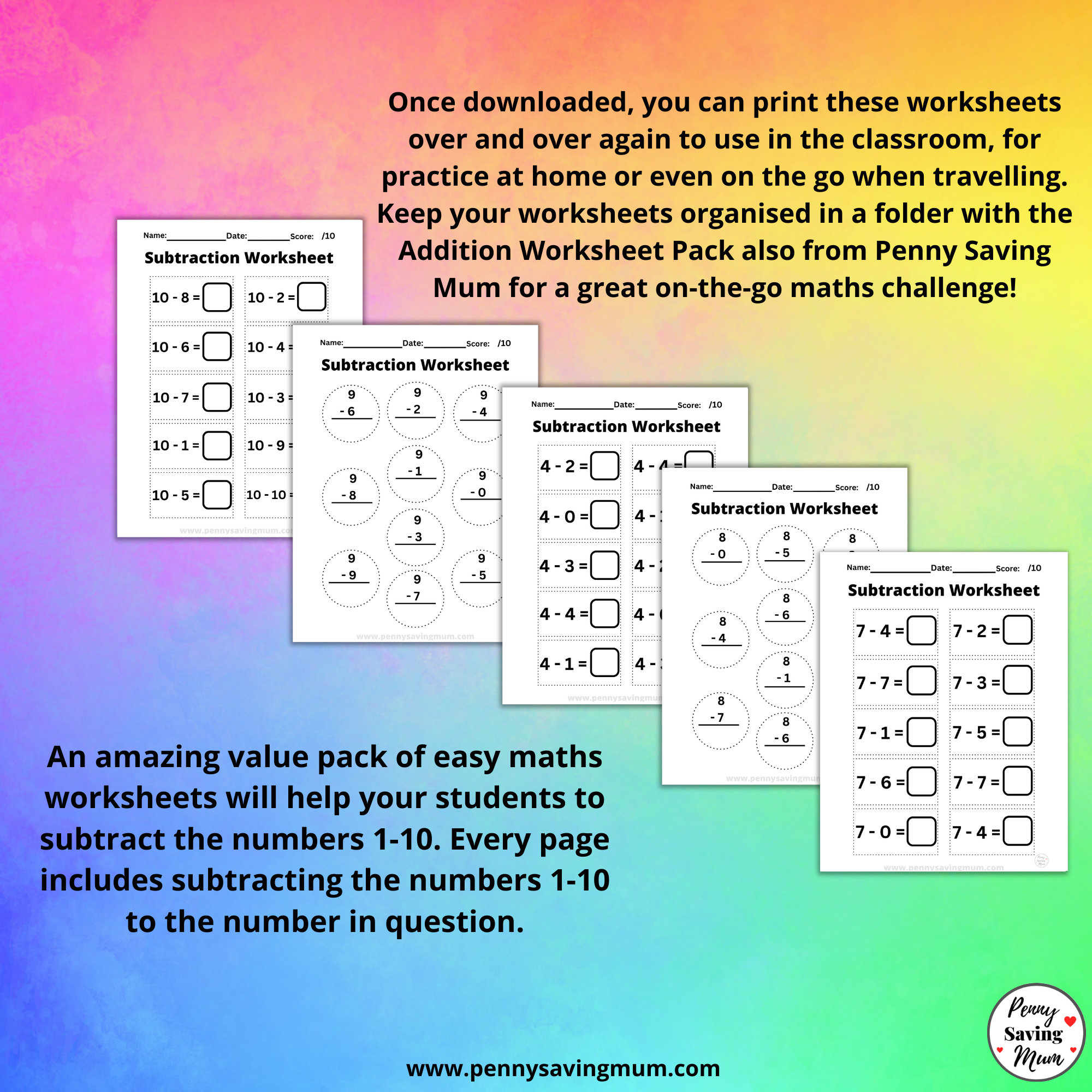 20 Maths Subtraction Worksheets for Year One First Grade Maths Numbers ...