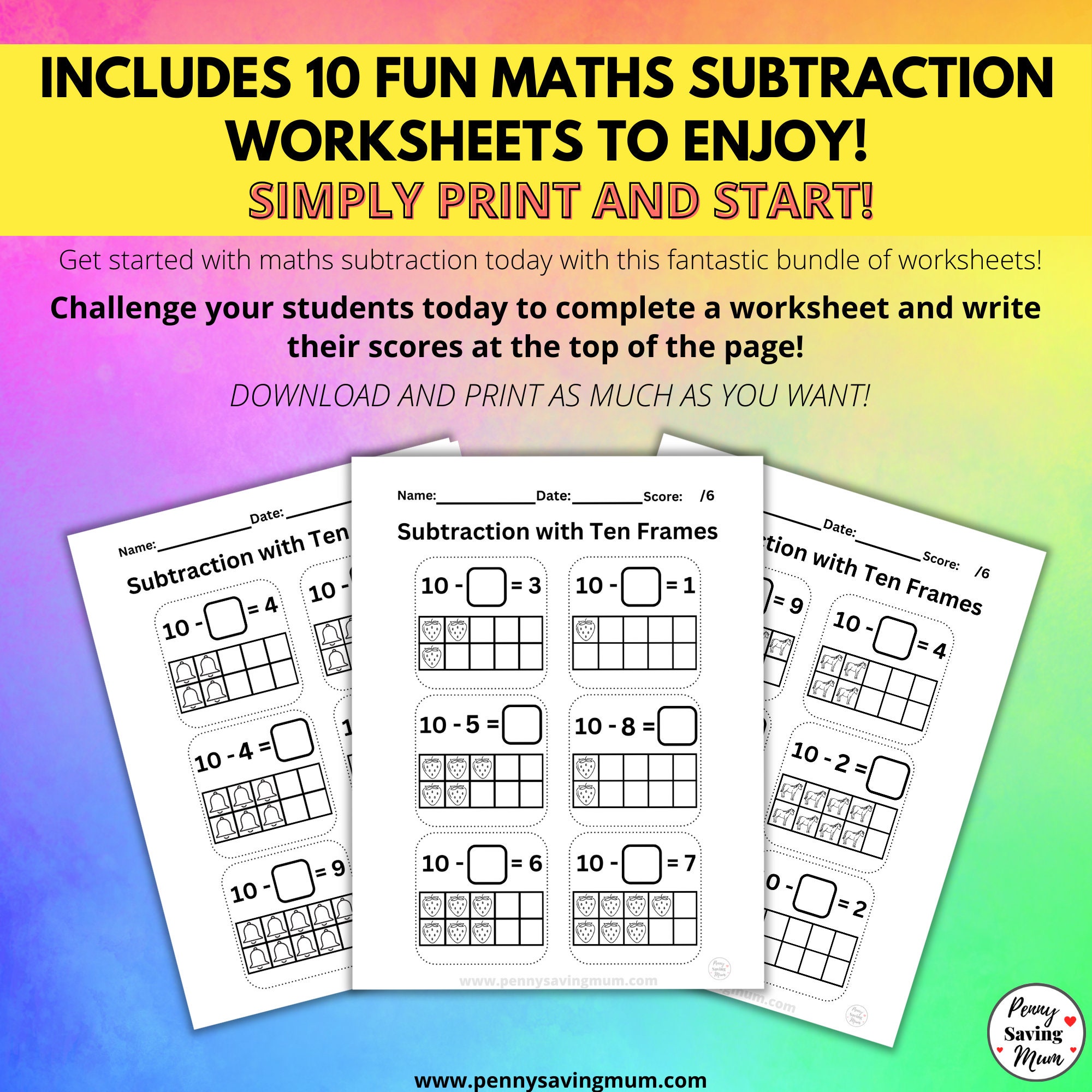 10 Maths Subtraction Year One First Grade Maths Worksheets With Ten ...