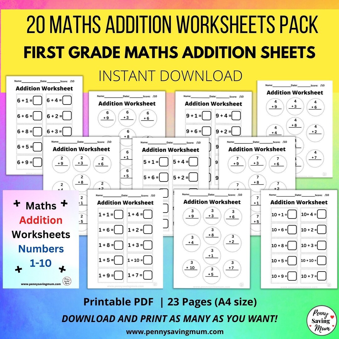 20 Maths Addition Worksheets for Year One First Grade Maths Numbers 1 ...