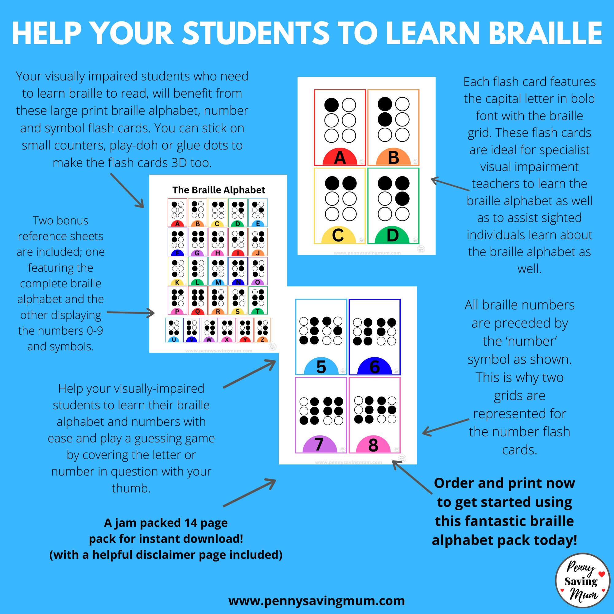 Braille Alphabet Flash Cards, Learn Braille Numbers, Special ...