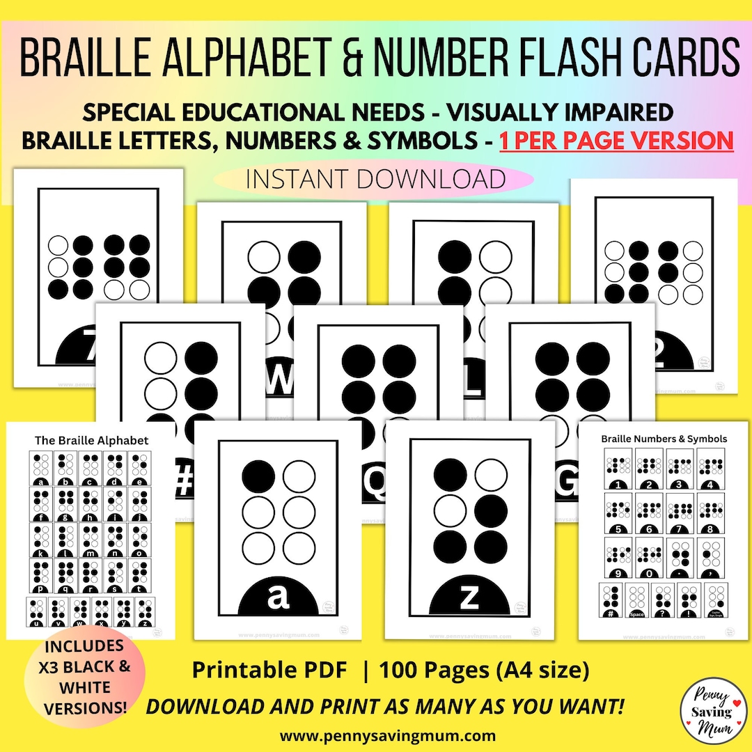 Braille Alphabet Flash Cards, Learn Braille Numbers, Large Print ...