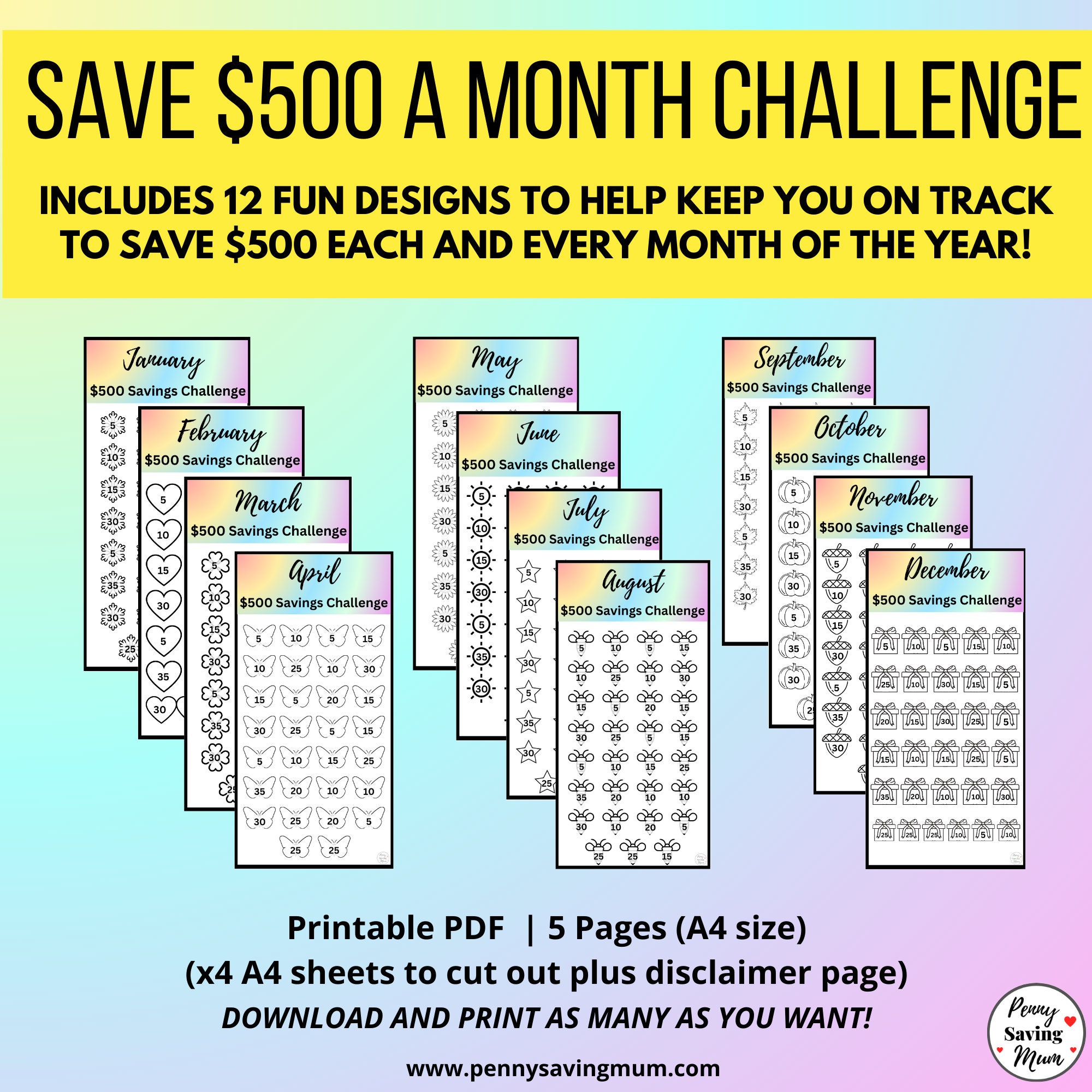 Save Money, Monthly Savings Challenge Trackers, 500 Savings Printable ...
