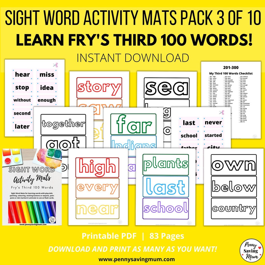 Sight Word Activity Mats Fry's Third 100 Words Printable - Etsy