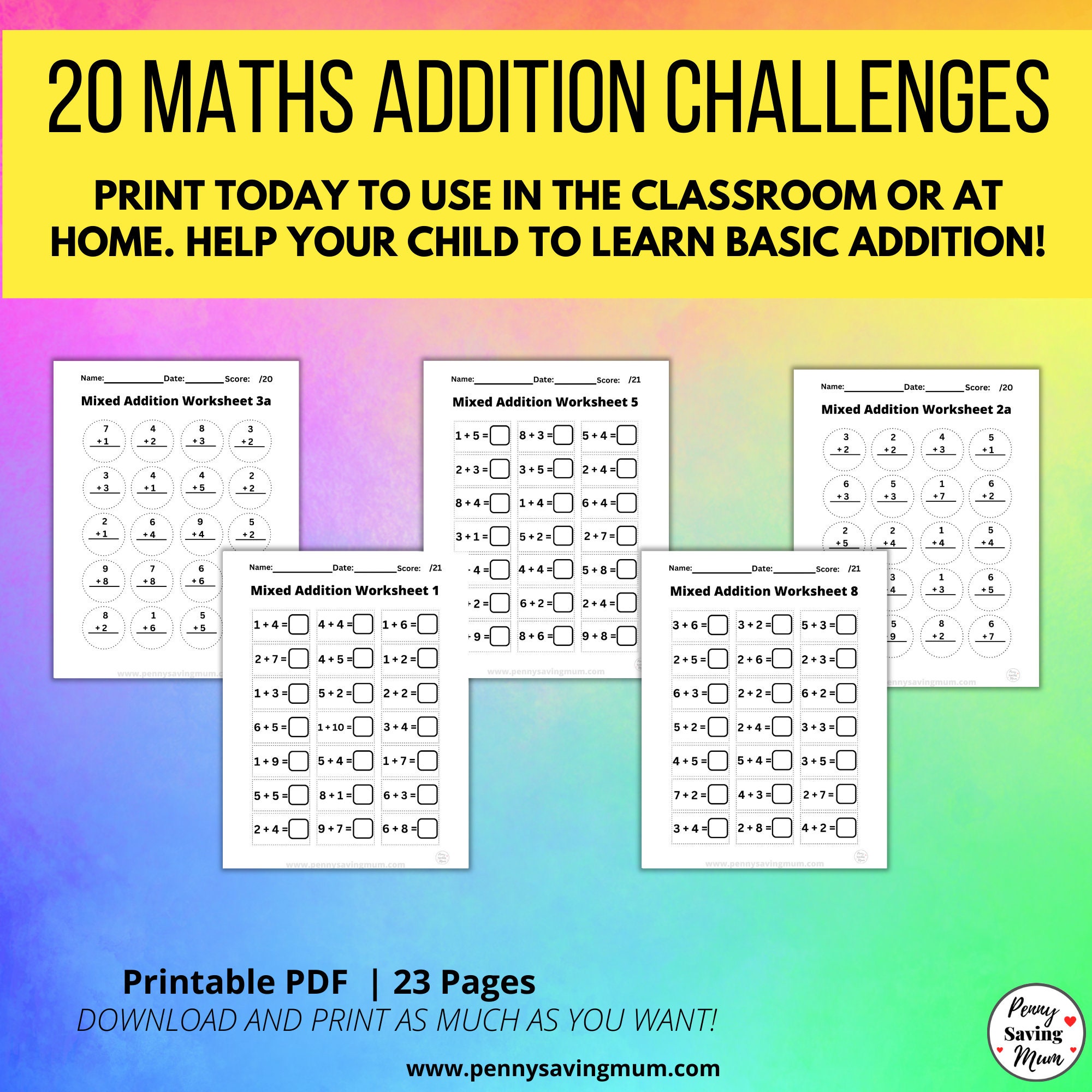 20 Maths Addition Mixed Single Digit Challenge Printable Worksheets ...