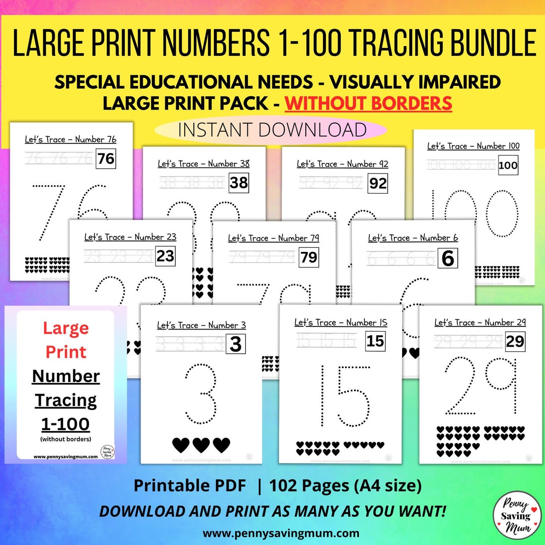 Large Print, Number Tracing, 1-100, Special Educational Needs, Visually ...