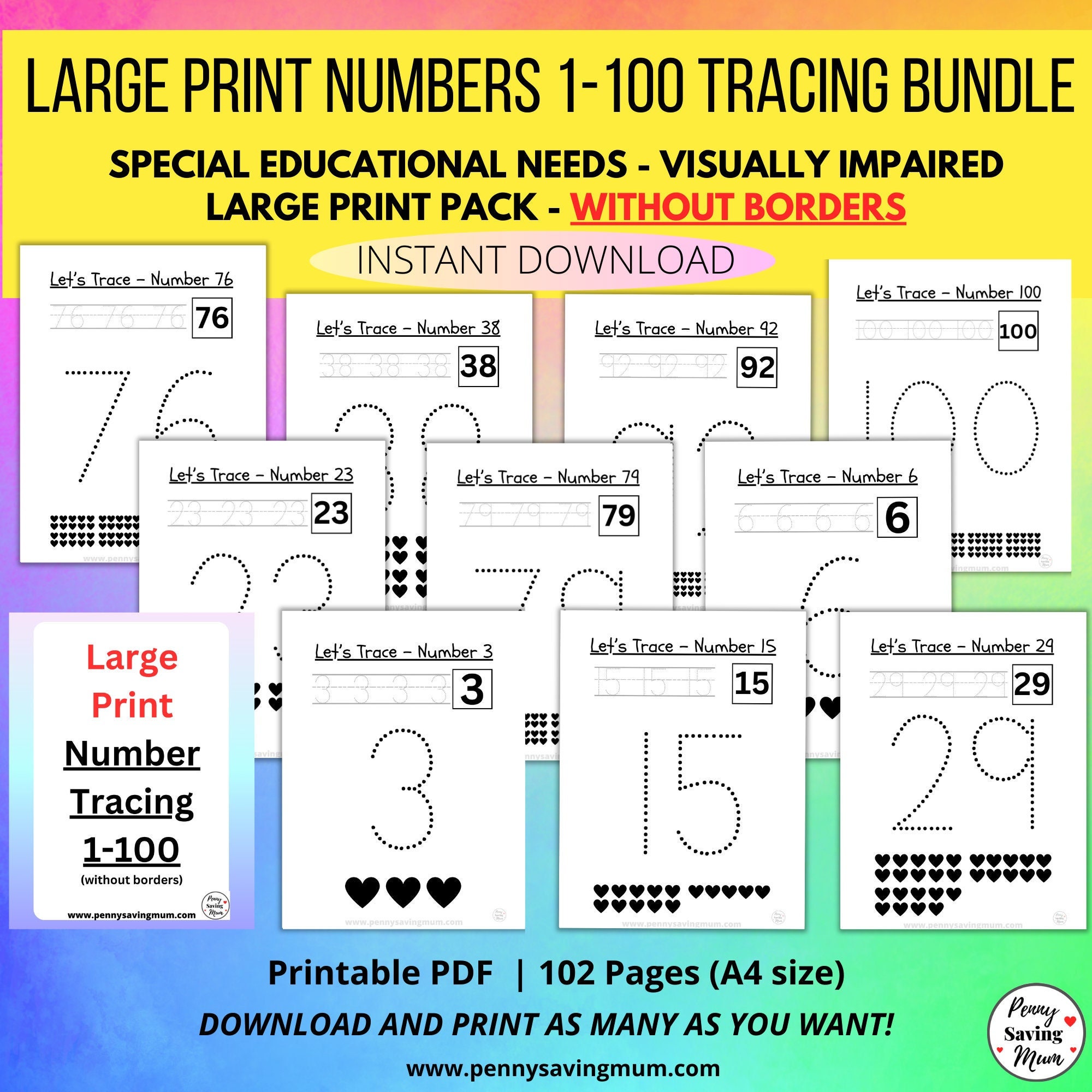 Large Print, Number Tracing, 1-100, Special Educational Needs, Visually ...