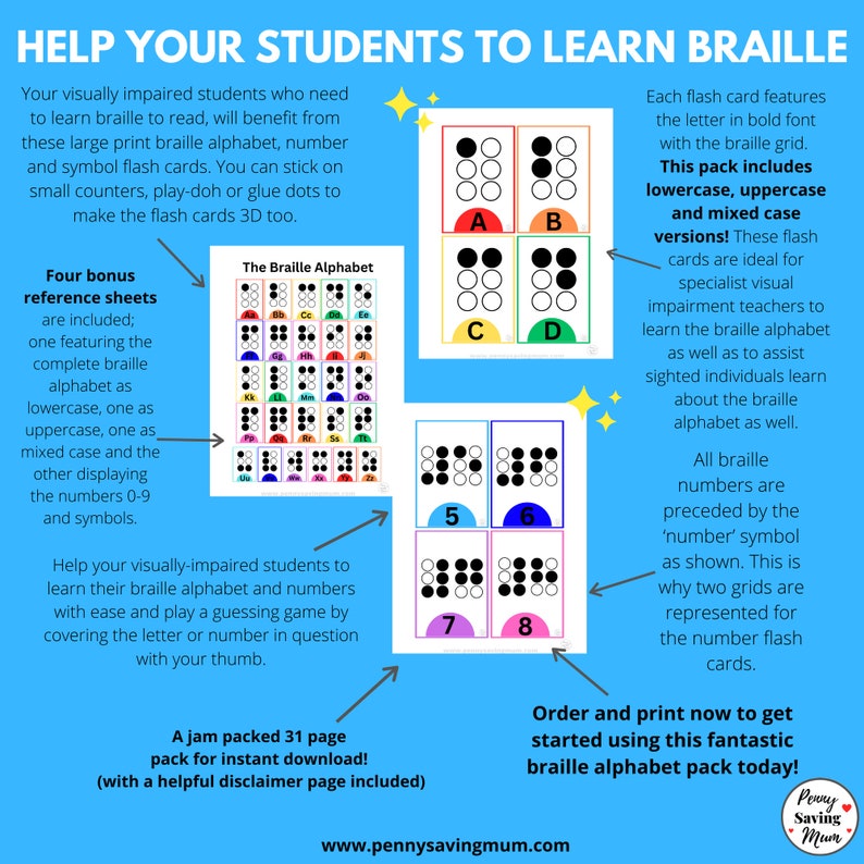 Braille Alphabet Flash Cards, Learn Braille Numbers, Special ...
