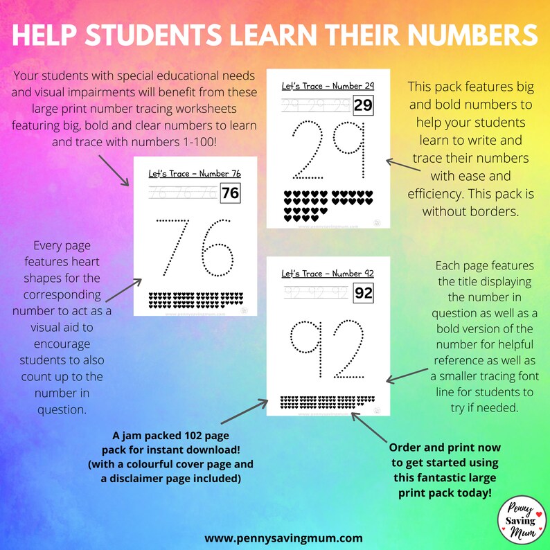 Large Print, Number Tracing, 1-100, Special Educational Needs, Visually ...