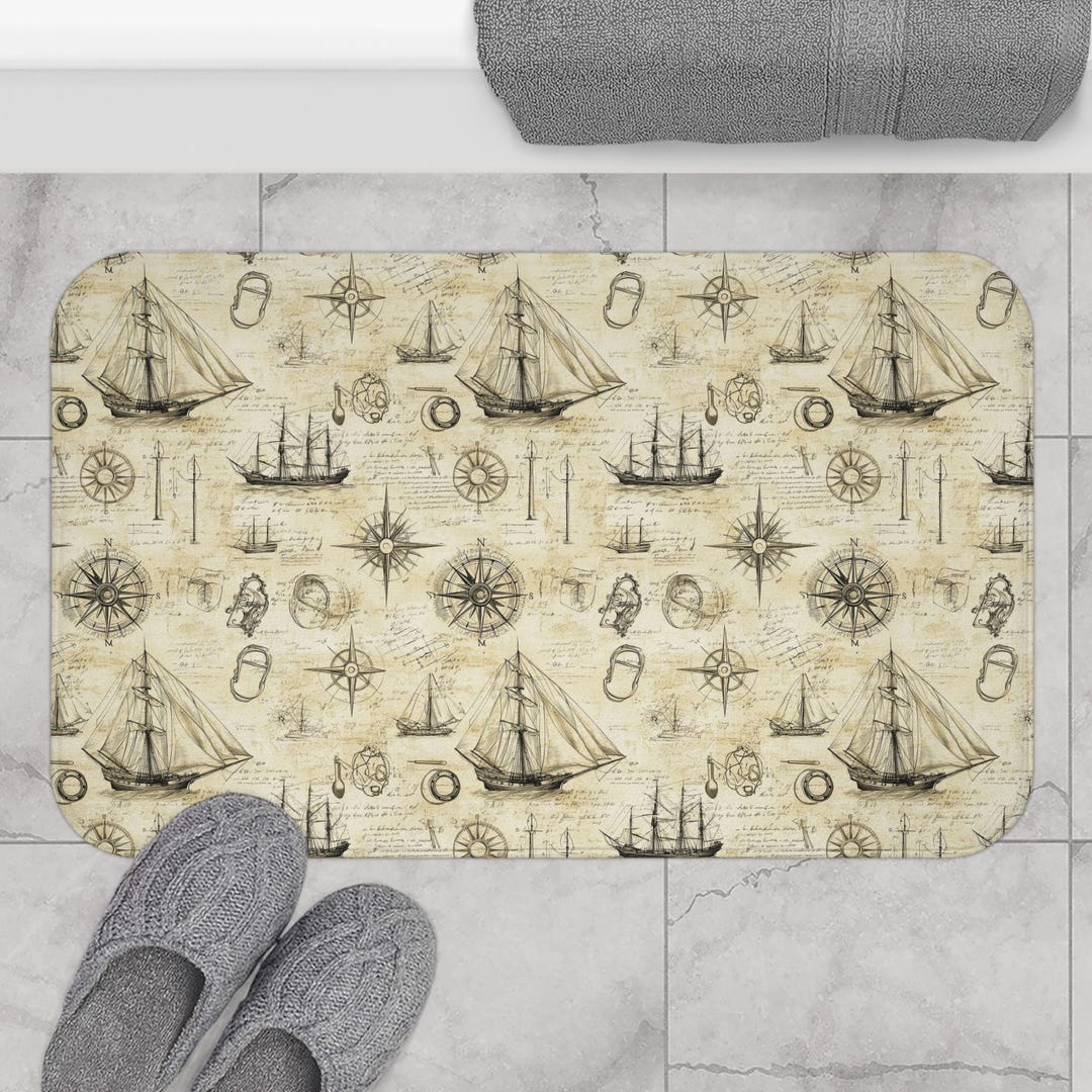 Nautical Bath Mat, Ship and Compass Bathroom Rug, Vintage Sailors ...