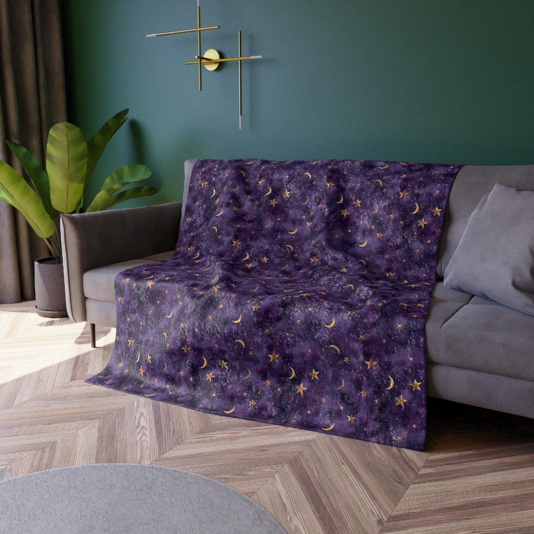 Purple Crushed Velvet Blanket With Gold Moon & Stars – Celestial Throw ...