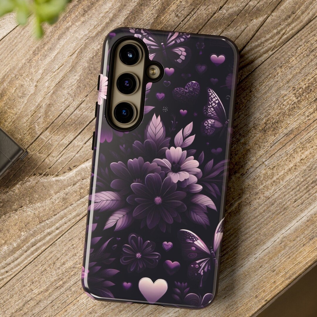 Purple Floral Dark Digital Background Tough Phone Case Cell Phone ...