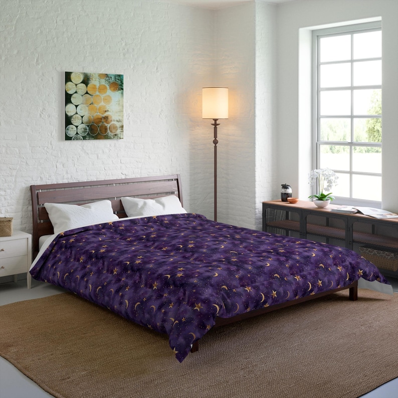 Purple Star Comforter, Celestial Bedspread, Moon and Star Pattern ...