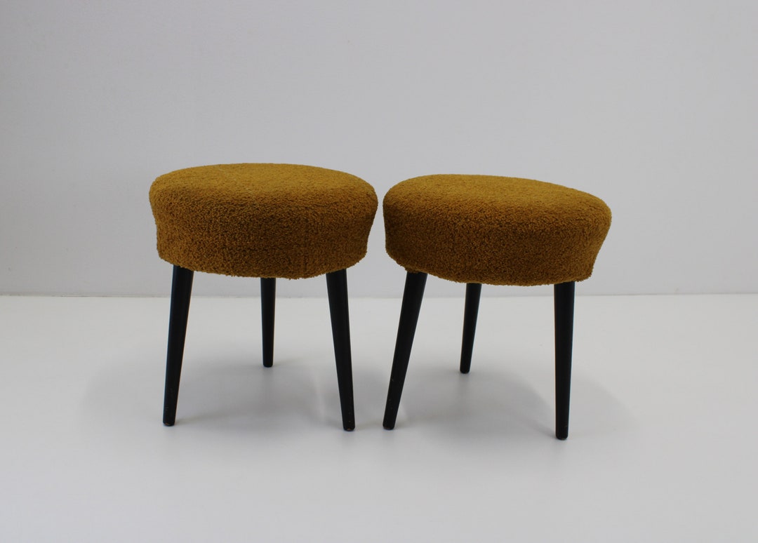 1 of 2 Vintage Low Upholstered Wooden Stool/mcm Footstool/plush ...