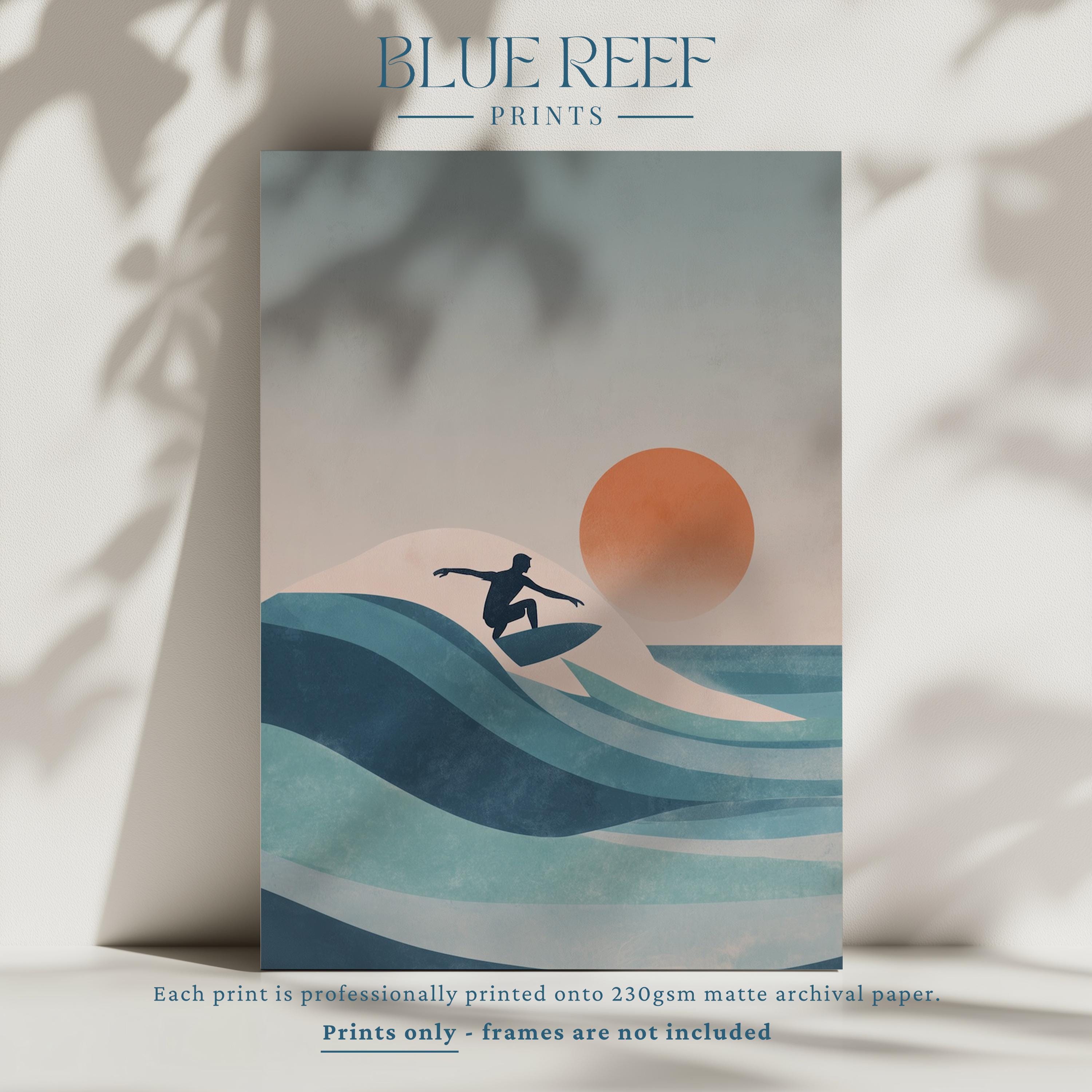 Retro Surfer Wall Art Print – Mid Century Modern Coastal Ocean Waves ...